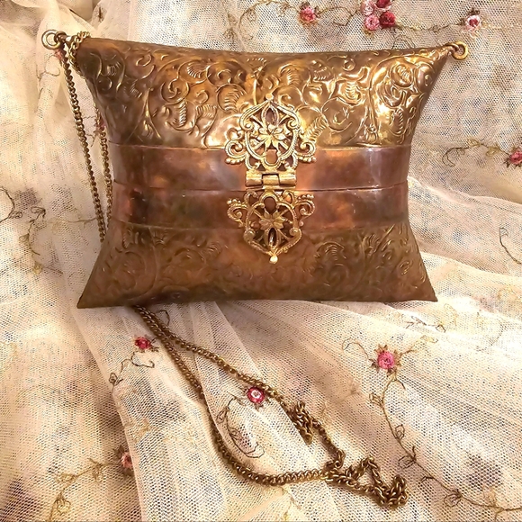Source Unknown | Bags | Vintage Brass Copper Pillow Purse With Purple ...